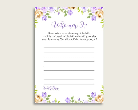 Purple Yellow Who Am I Bridal Shower Game Printable Purple | Etsy