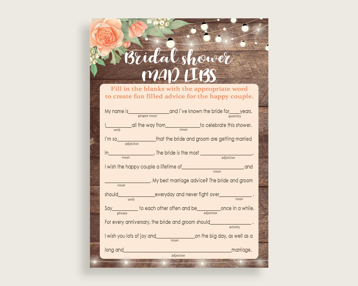 Mad Libs Bridal Shower Mad Libs Rustic Bridal Shower Mad Libs | Etsy