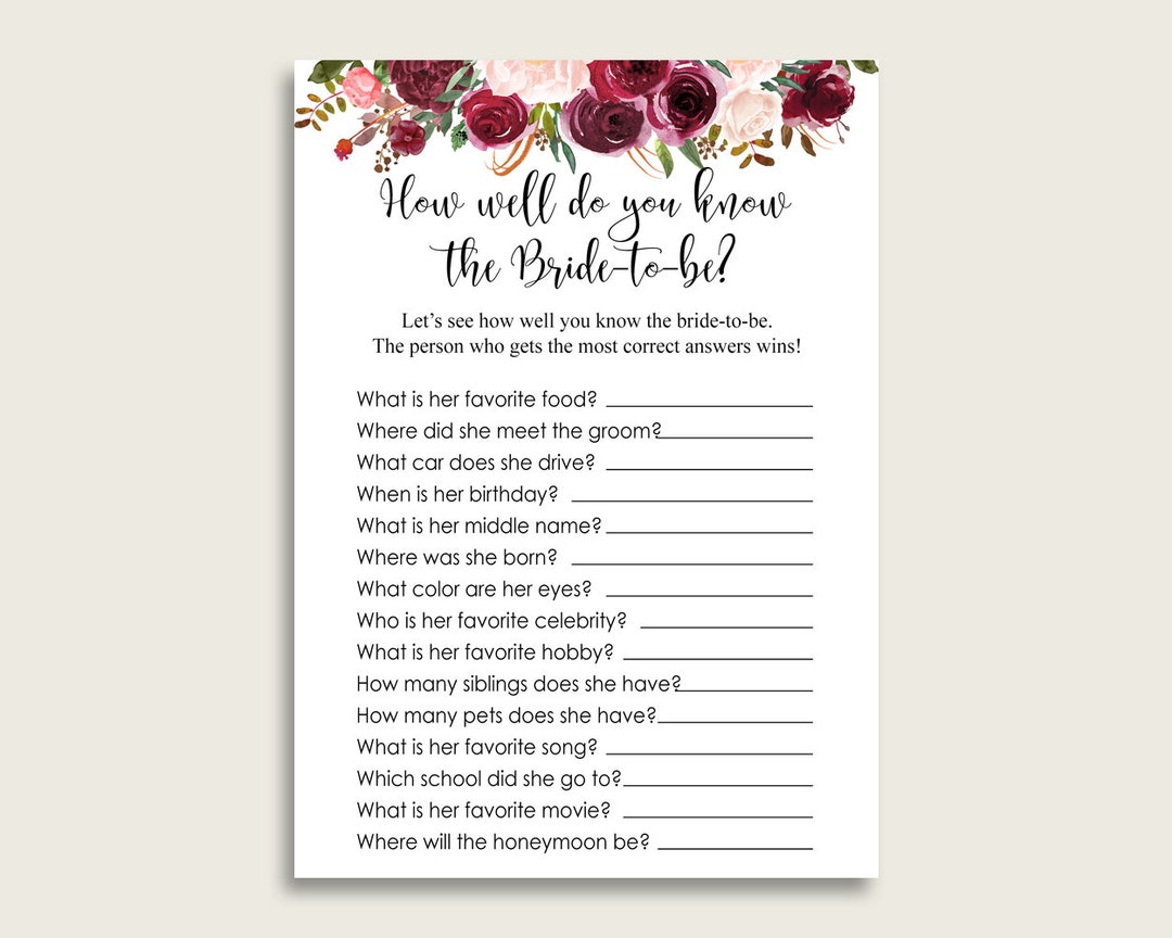 Burgundy How Well Do You Know the Bride, Red Pink Bridal Shower Game ...
