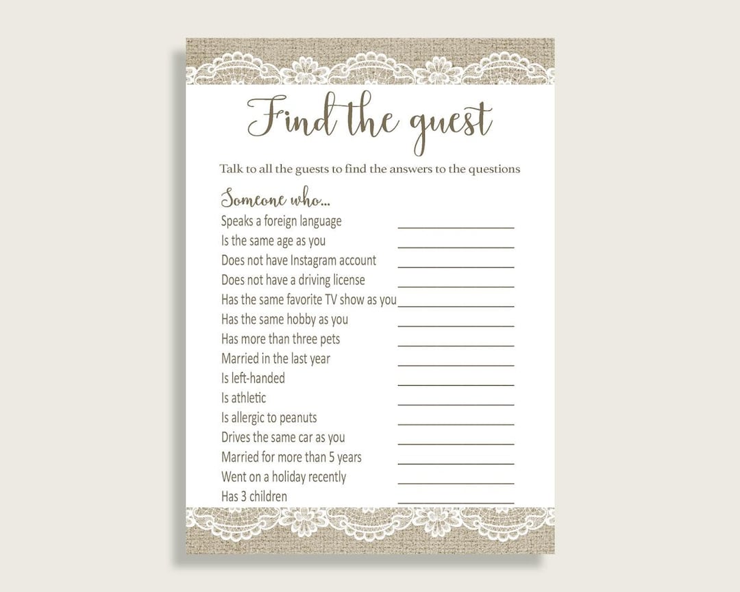 Find the Guest Bridal Shower Find the Guest Burlap and Lace Bridal ...