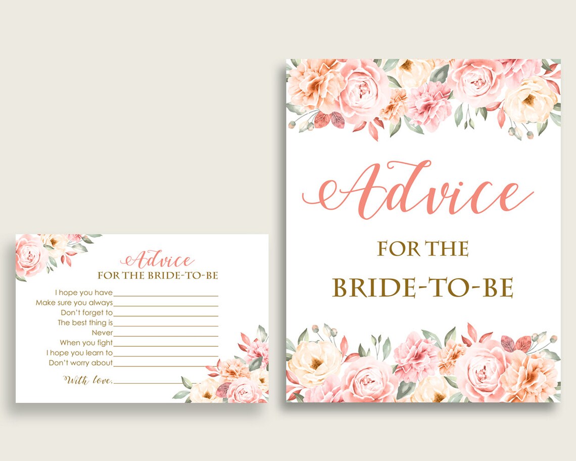 Blush Flowers Bridal Shower Advice Cards & Sign Printable, Pink Yellow ...
