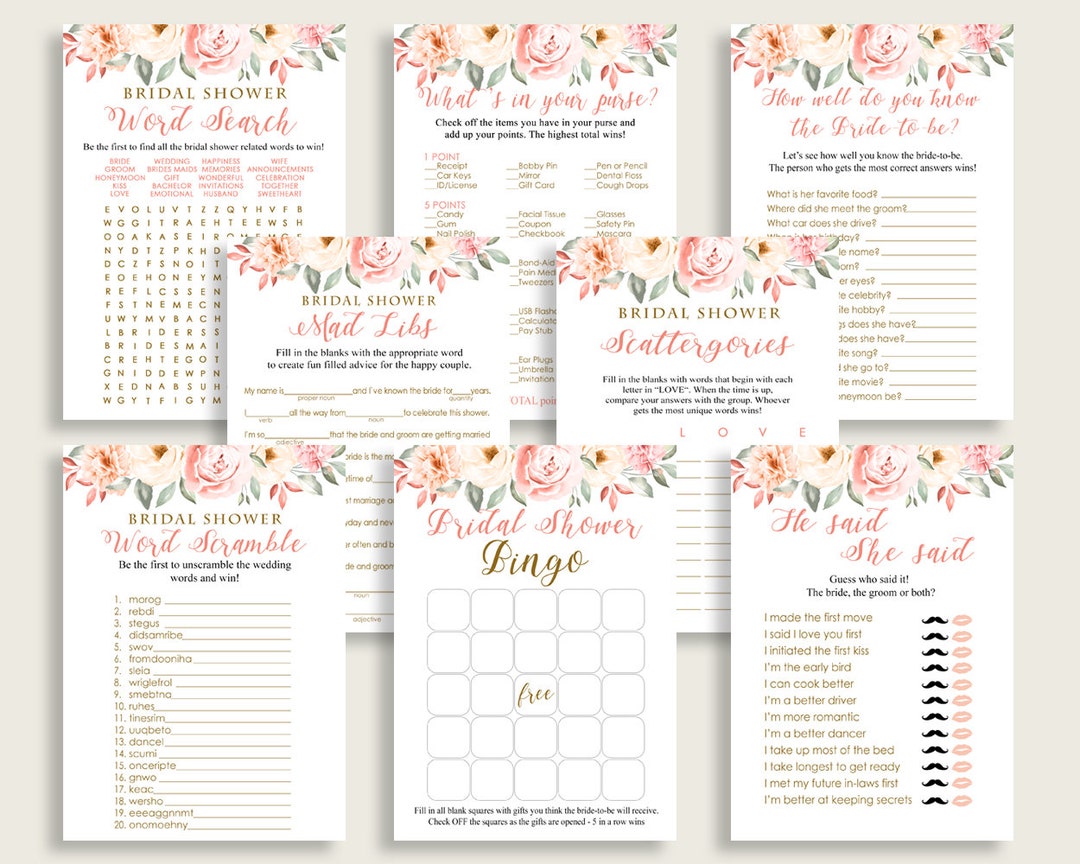 Blush Flowers Bridal Shower Games Bundle, Pink Yellow Games Package ...