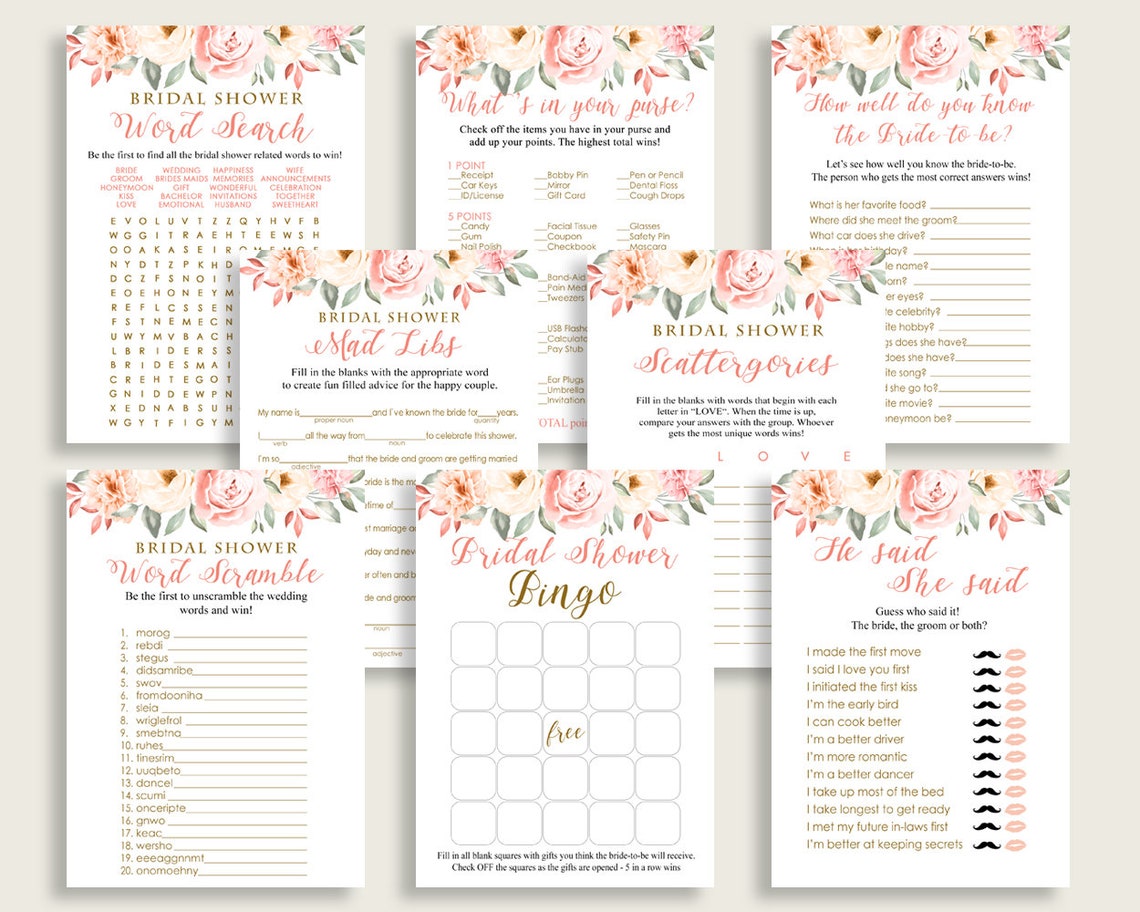 Blush Flowers Bridal Shower Games Bundle Pink Yellow Games | Etsy