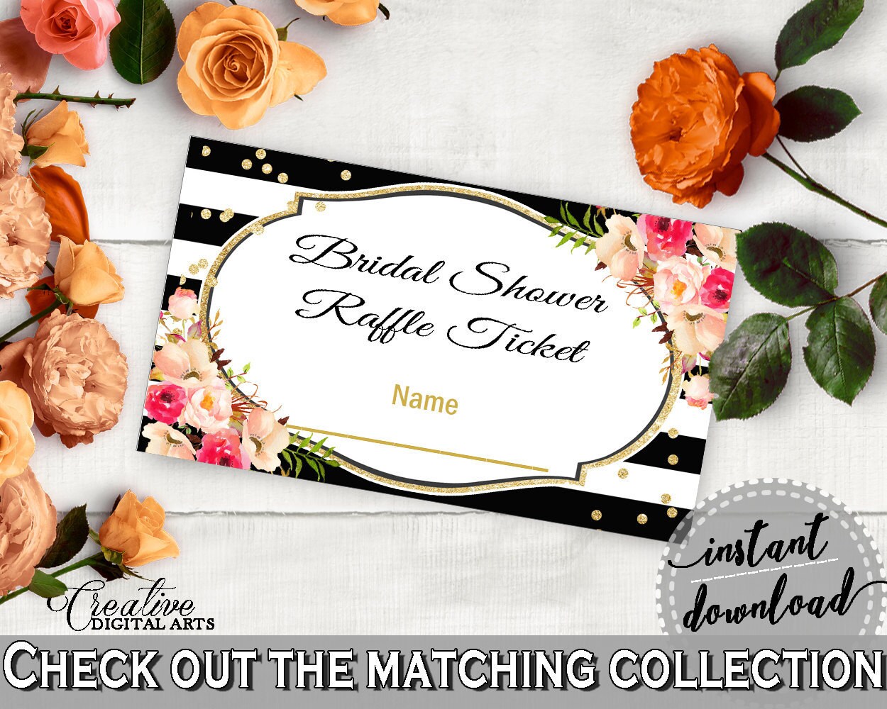 Flower Bouquet Black Stripes Bridal Shower Raffle Ticket in Black and ...