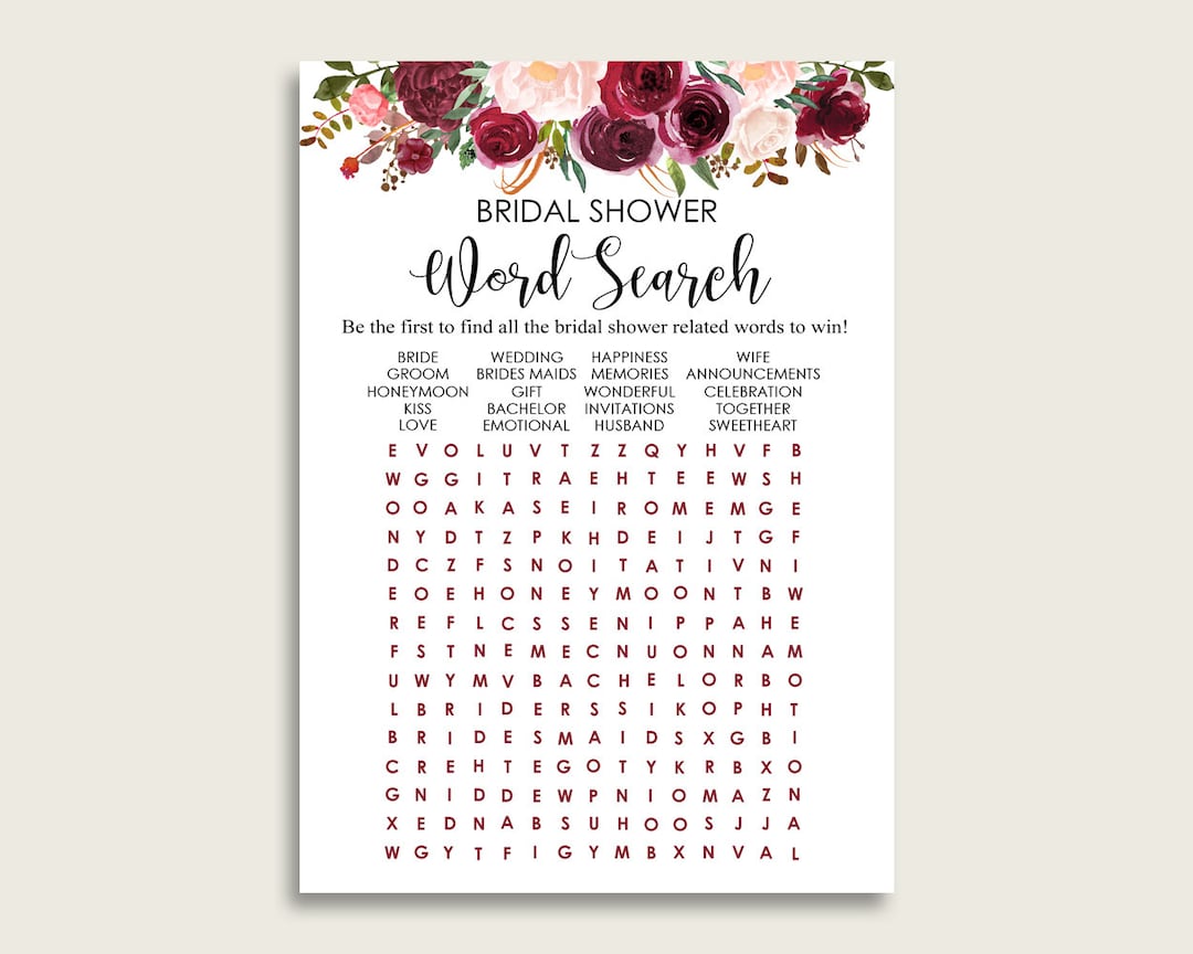 Burgundy Bridal Shower Word Search Game, Red Pink Word Search Printable ...