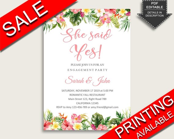 Hawaiian She Said Yes Invitation Editable Pink Green | Etsy