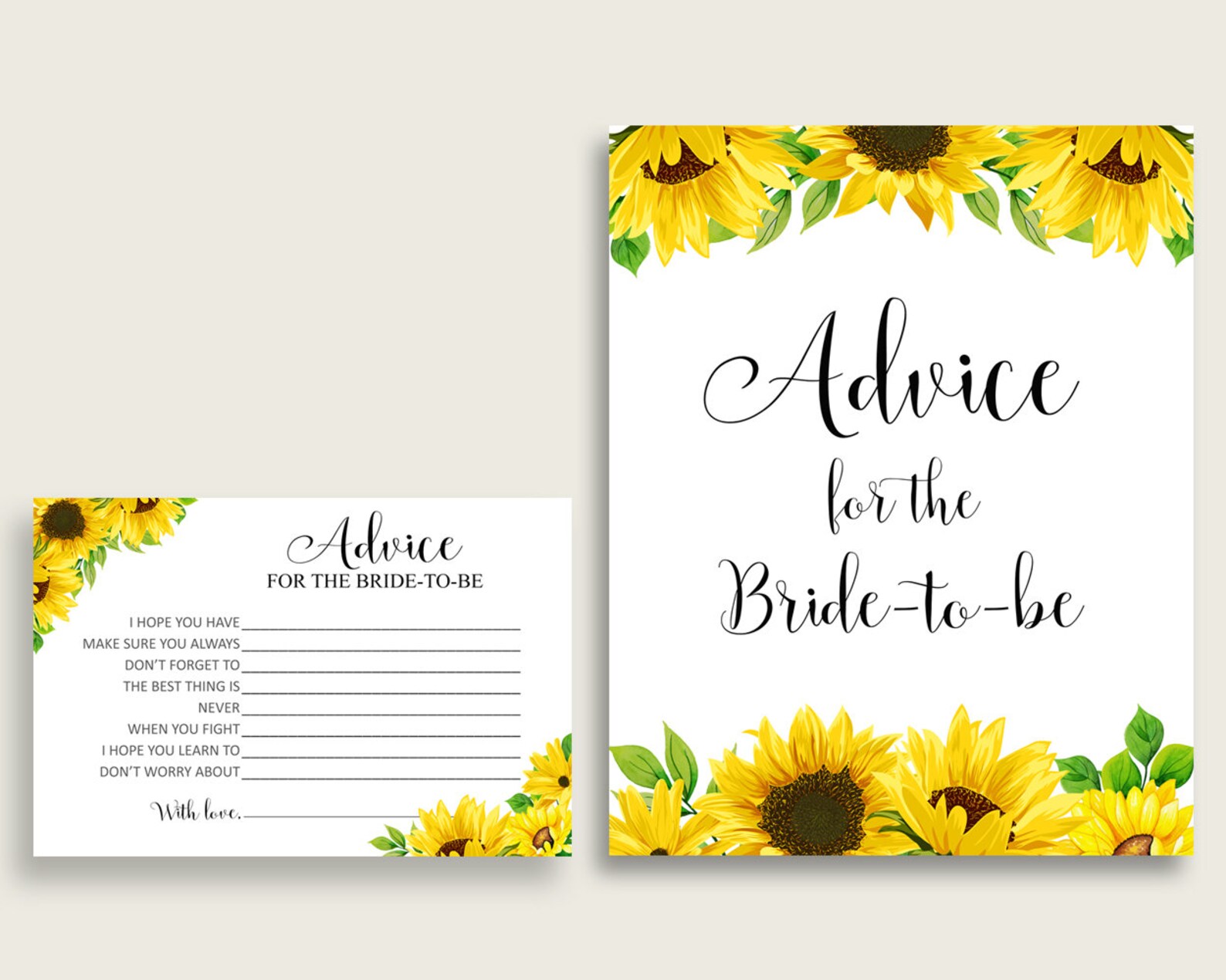 Sunflower Bridal Shower Advice Cards & Sign Printable, Yellow White ...