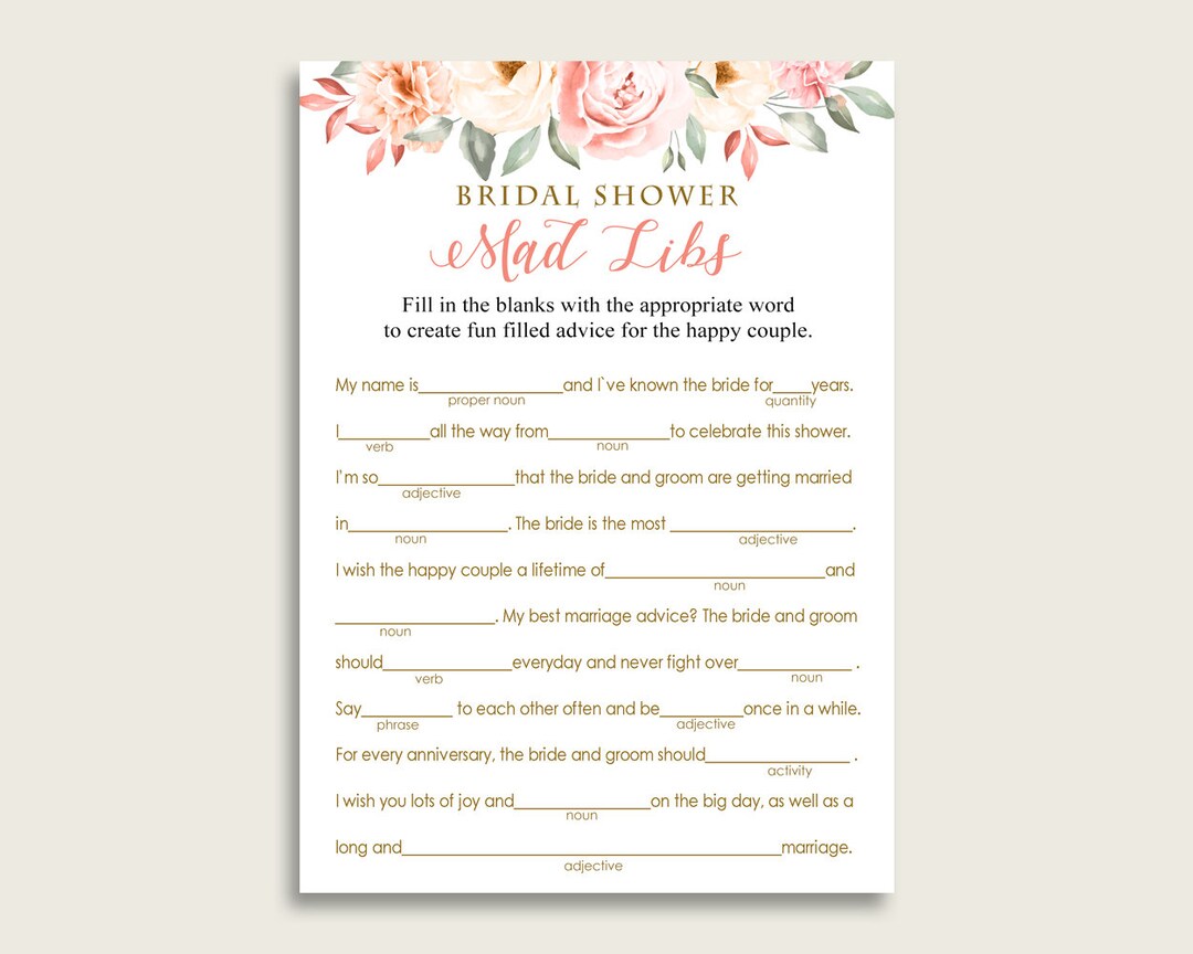 Blush Flowers Bridal Shower Mad Libs Cards Game, Pink Yellow Mad Libs ...