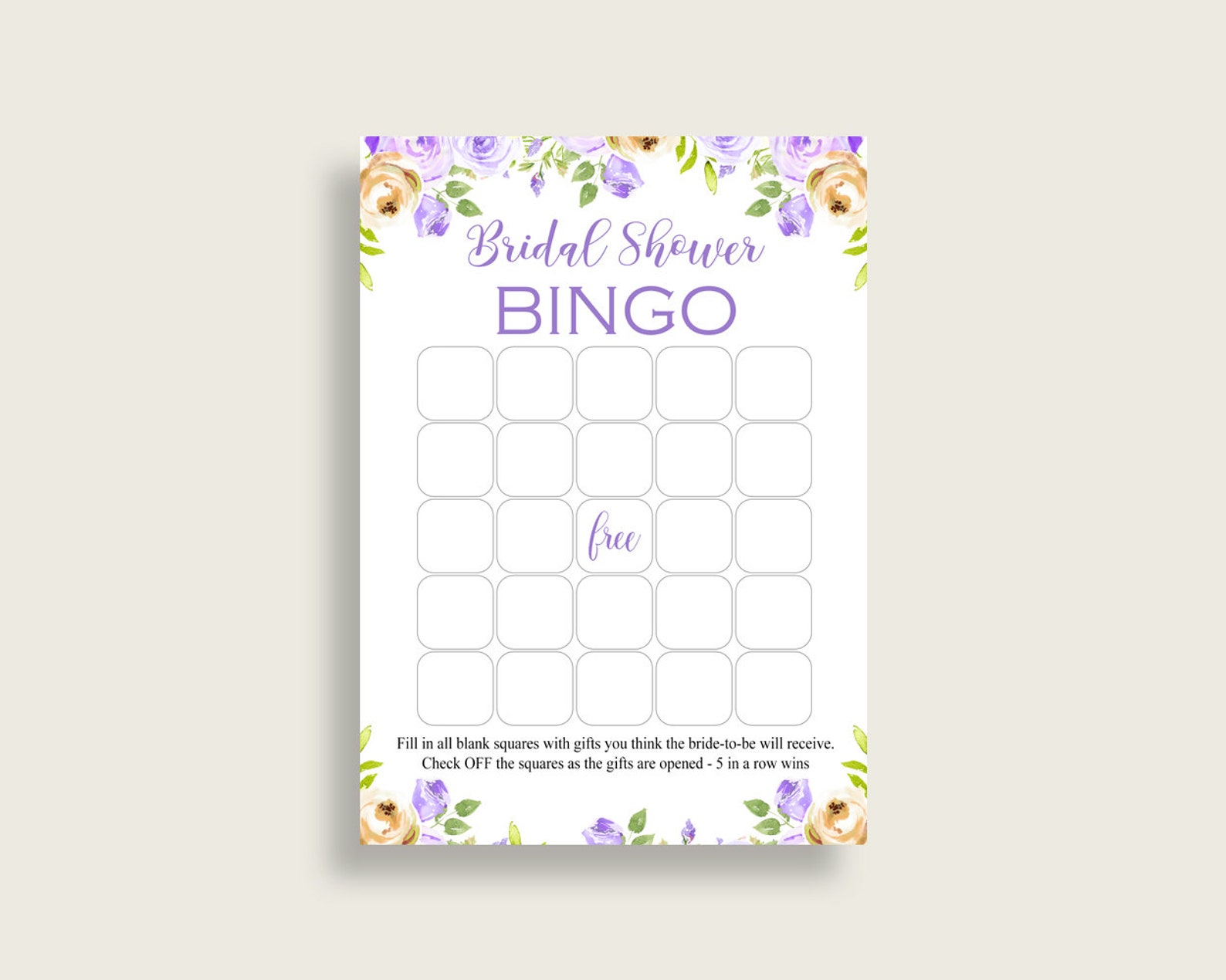 Purple Floral Bridal Shower Bingo Cards Printable 60 | Etsy