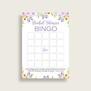 Purple Floral Bridal Shower Bingo Cards Printable, 60 Prefilled Bingo ...