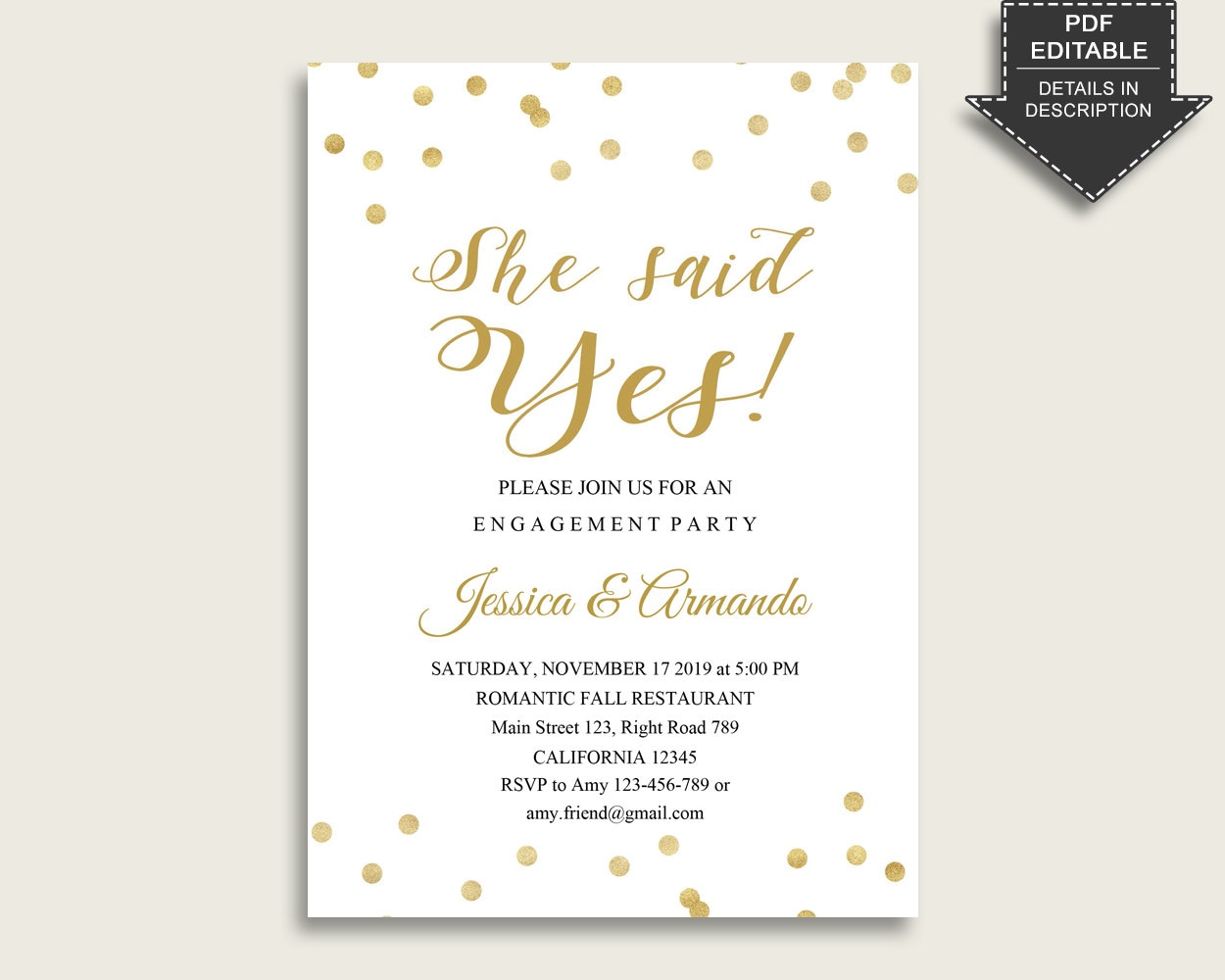Gold Confetti She Said Yes Invitation Editable Gold White - Etsy