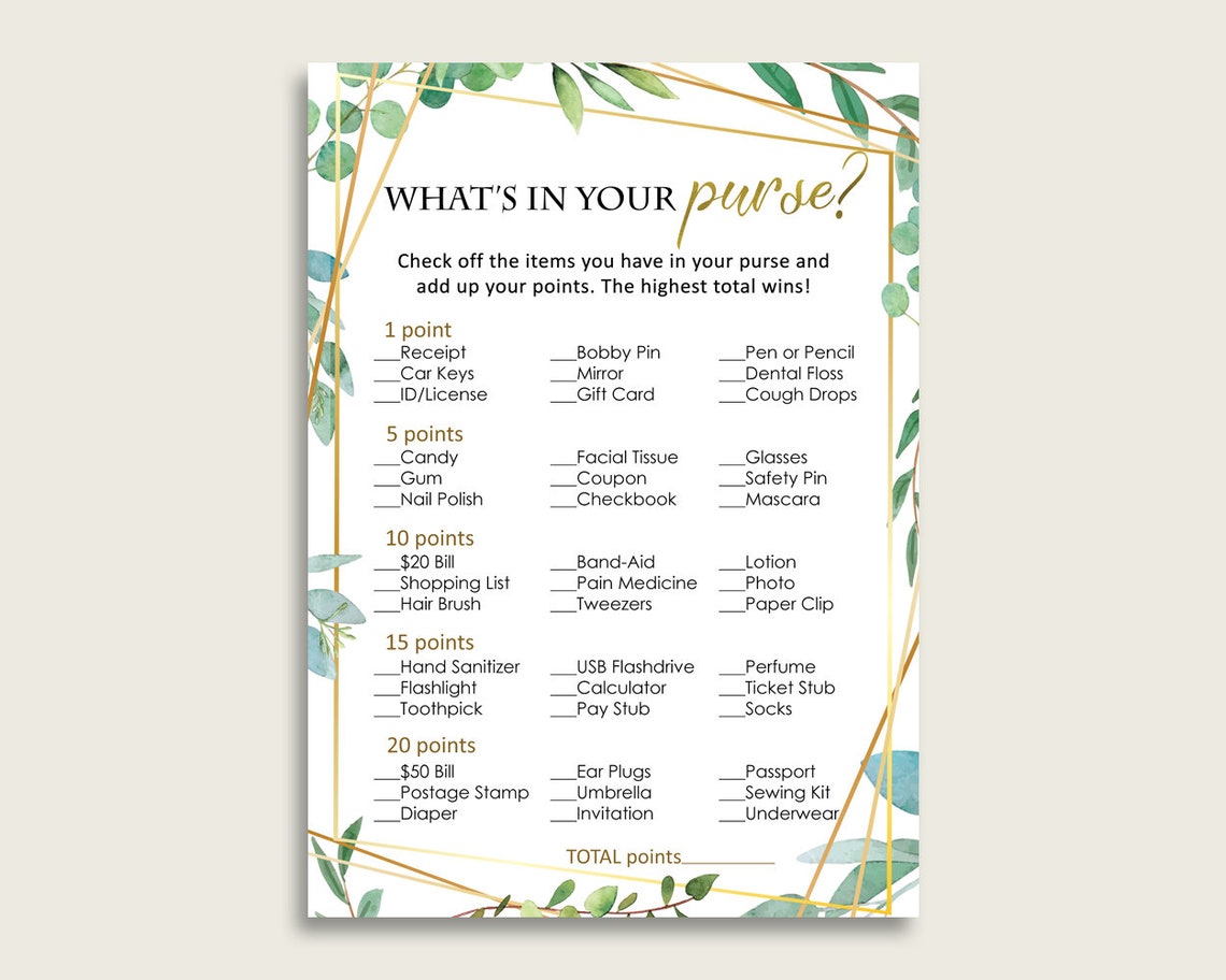 Greenery Whats in Your Purse Game Green Gold Bridal Shower - Etsy