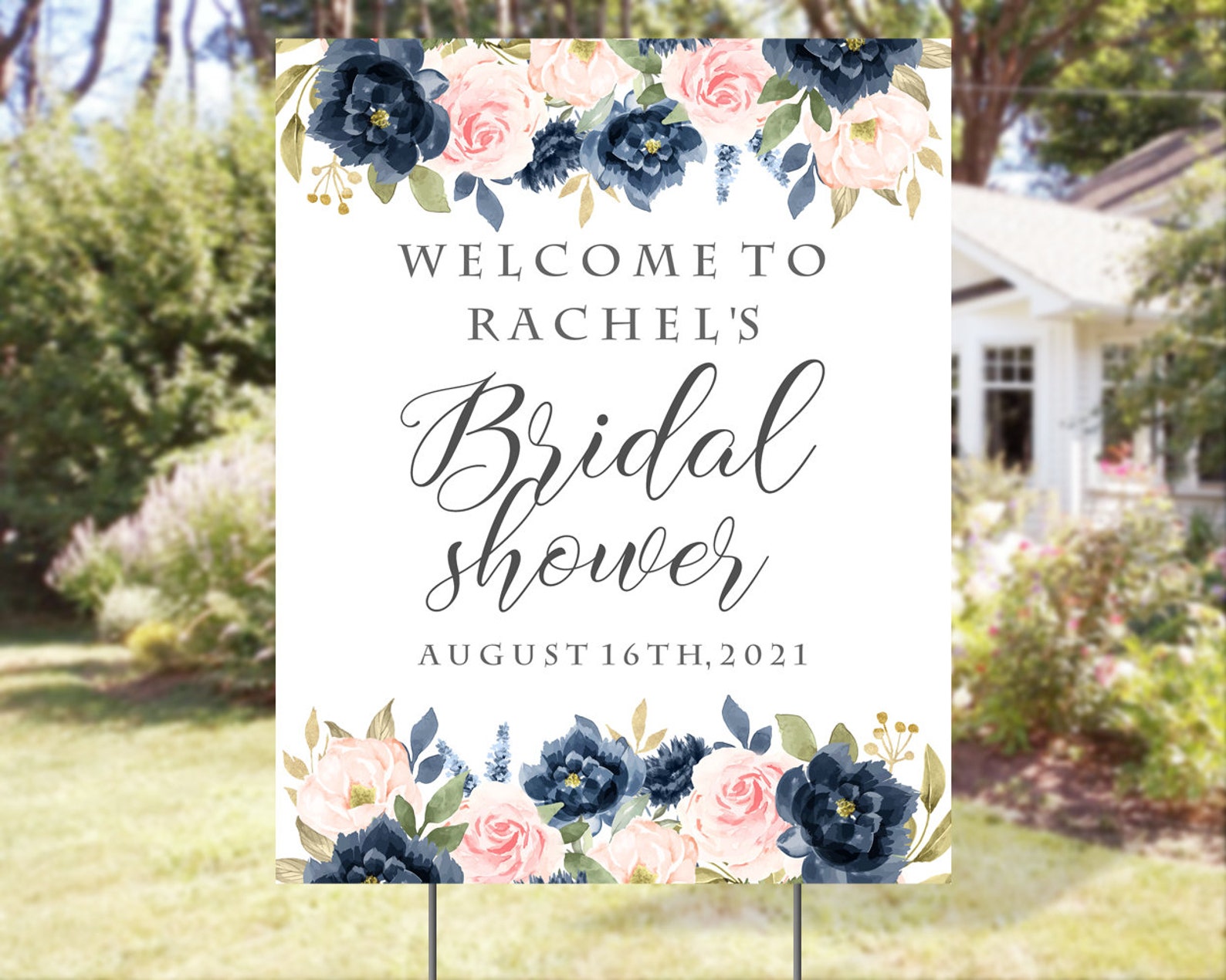 Navy Blush Floral Bridal Shower Welcome Sign Blue Pink Large | Etsy
