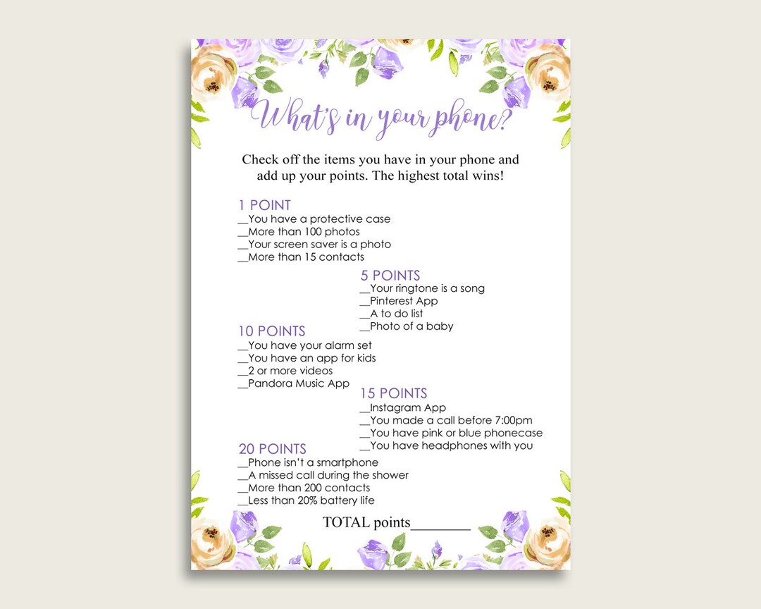 Purple Yellow Whats in Your Phone Game, Purple Floral Bridal Shower ...