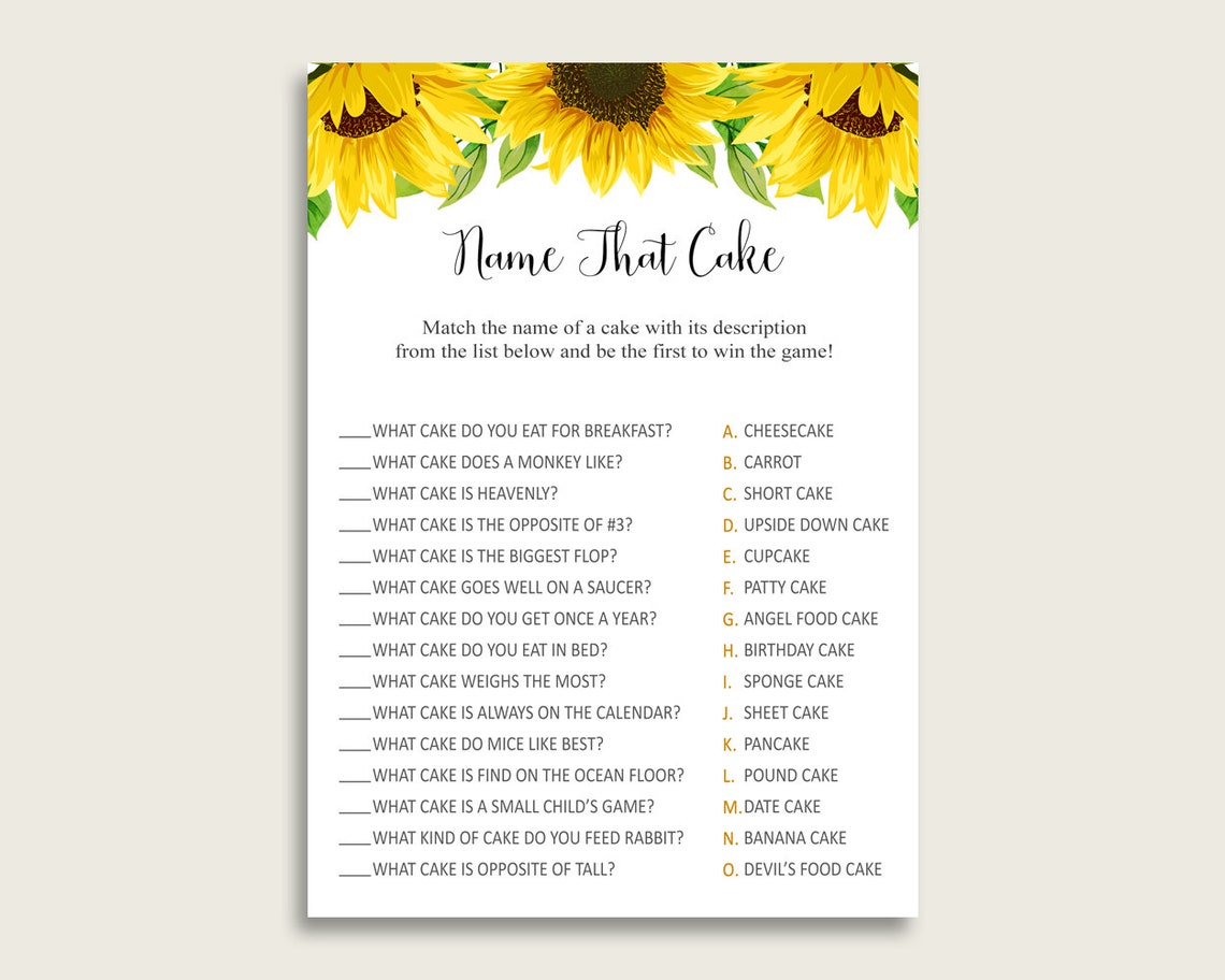 Sunflower Name That Cake Bridal Shower Game Printable, Yellow White ...