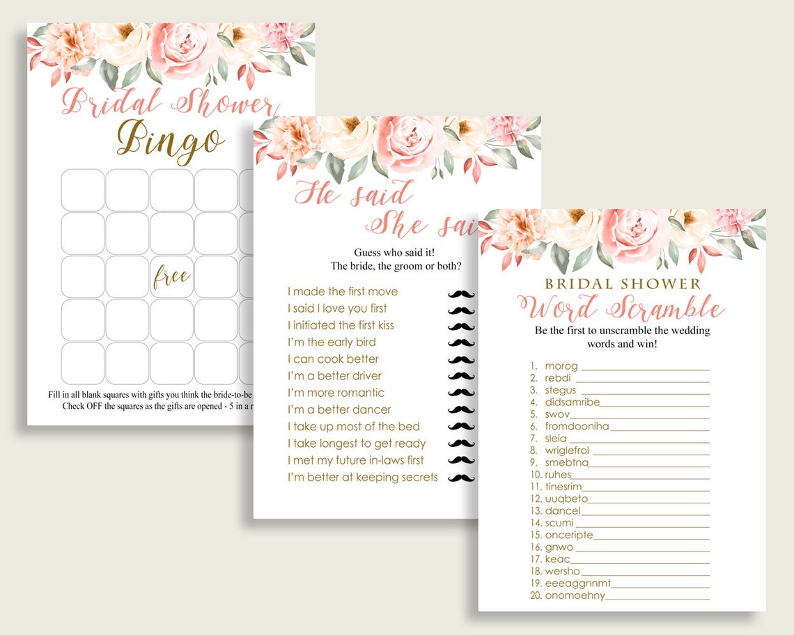 Blush Flowers Bridal Shower Games Bundle Pink Yellow Games | Etsy