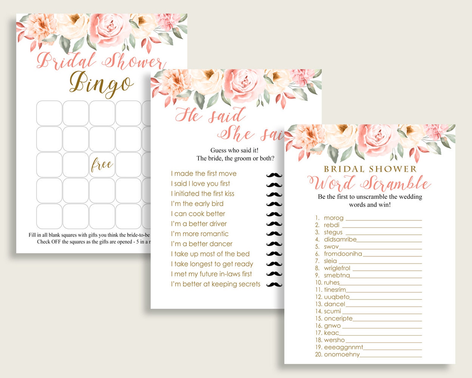 Blush Flowers Bridal Shower Games Bundle Pink Yellow Games | Etsy