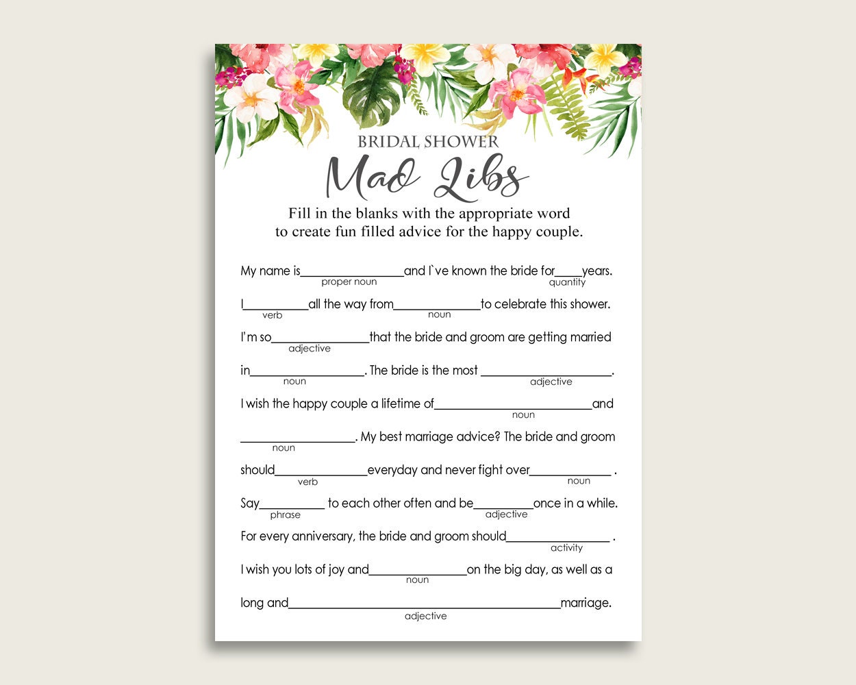Funny Bridal Shower Mad Libs