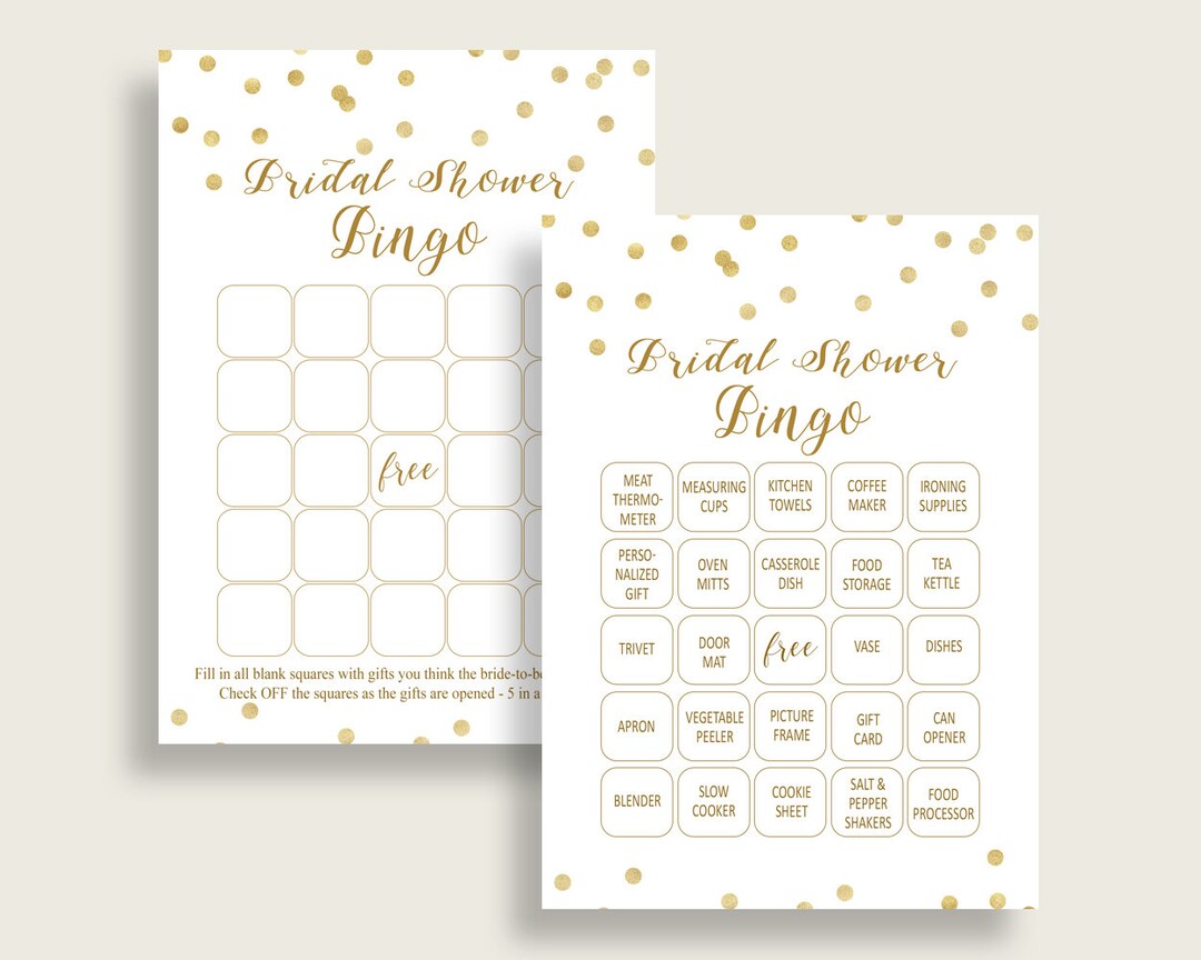 Gold Confetti Bridal Shower Bingo Cards Printable, 60 Prefilled Bingo ...