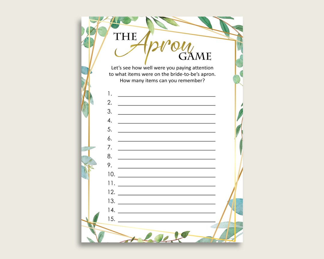 Greenery Bridal Shower Apron Game Printable, Green Gold Memory Game ...