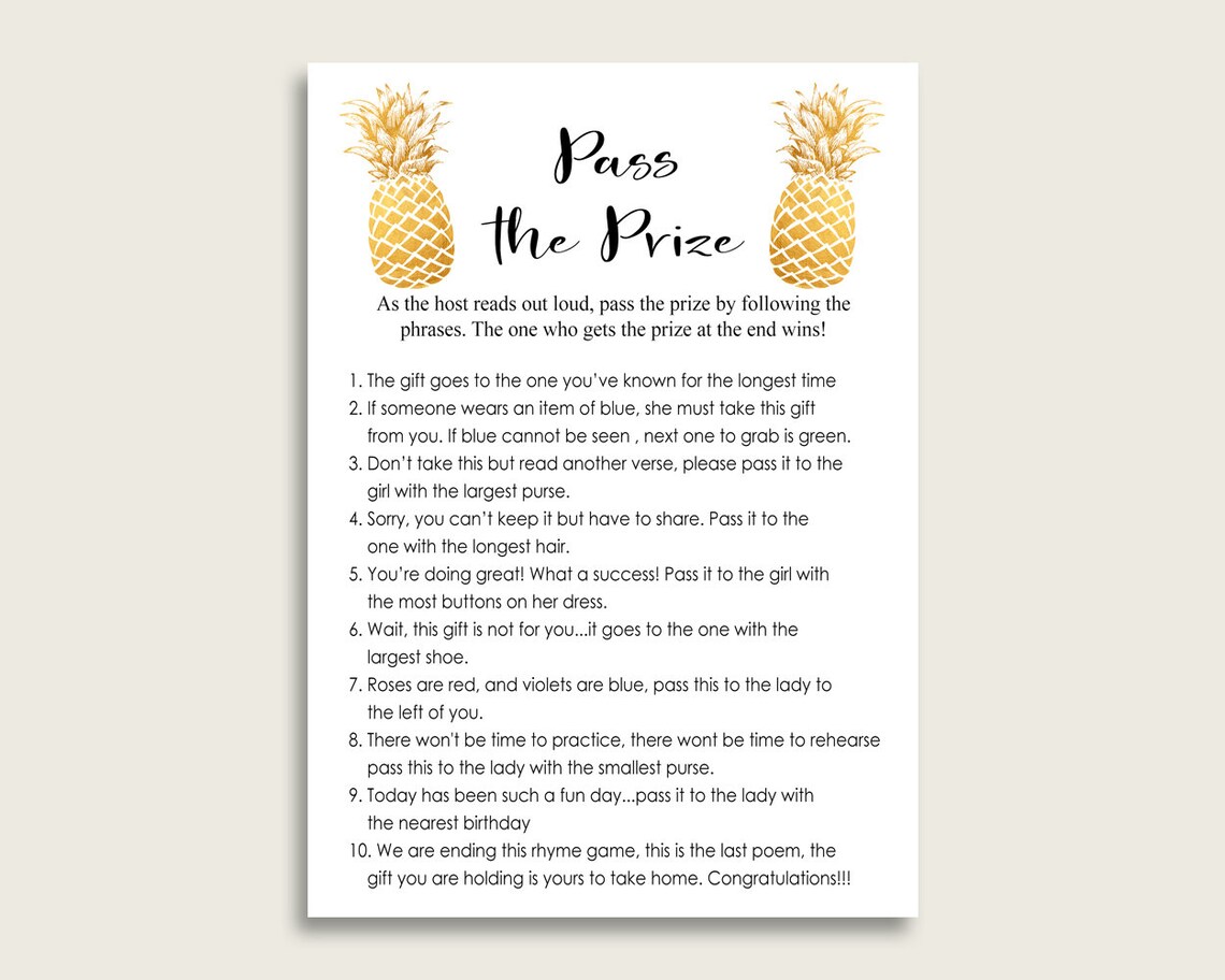 Pineapple Bridal Shower Pass the Prize Game, Gold White Pass the Gift ...