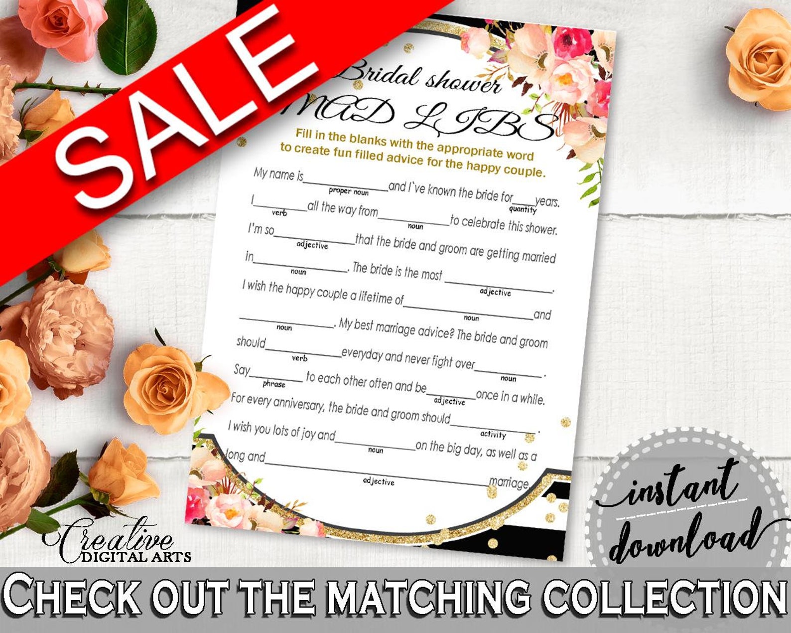 Flower Bouquet Black Stripes Bridal Shower Mad Libs Game in Black and ...