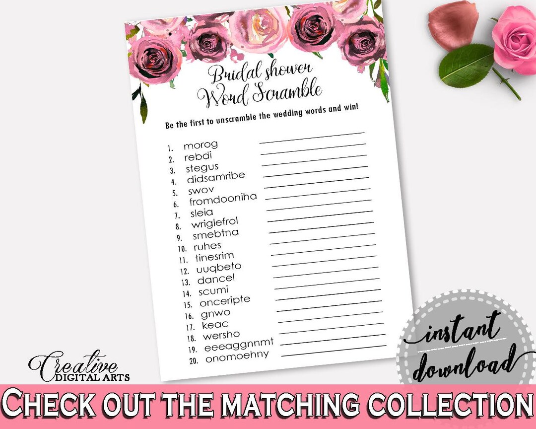 Word Scramble Bridal Shower Word Scramble Floral Bridal Shower Word ...