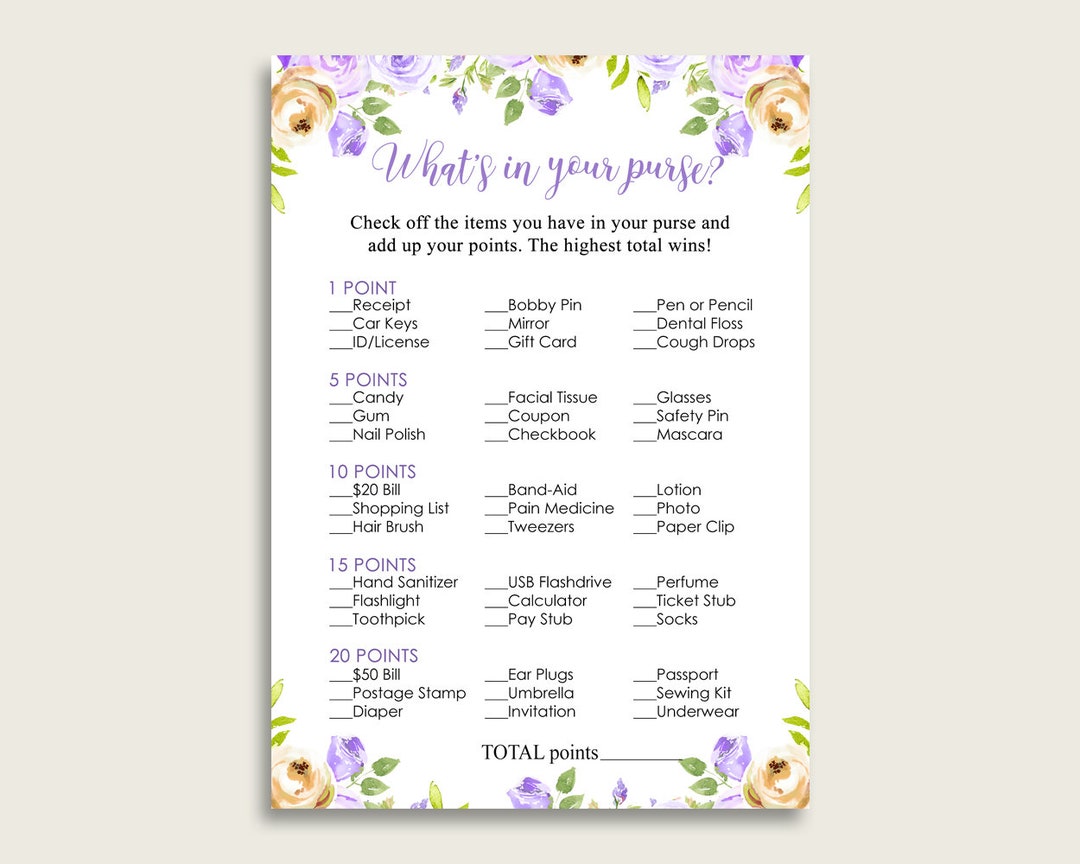 Purple Floral Whats in Your Purse Game, Purple Yellow Bridal Shower ...