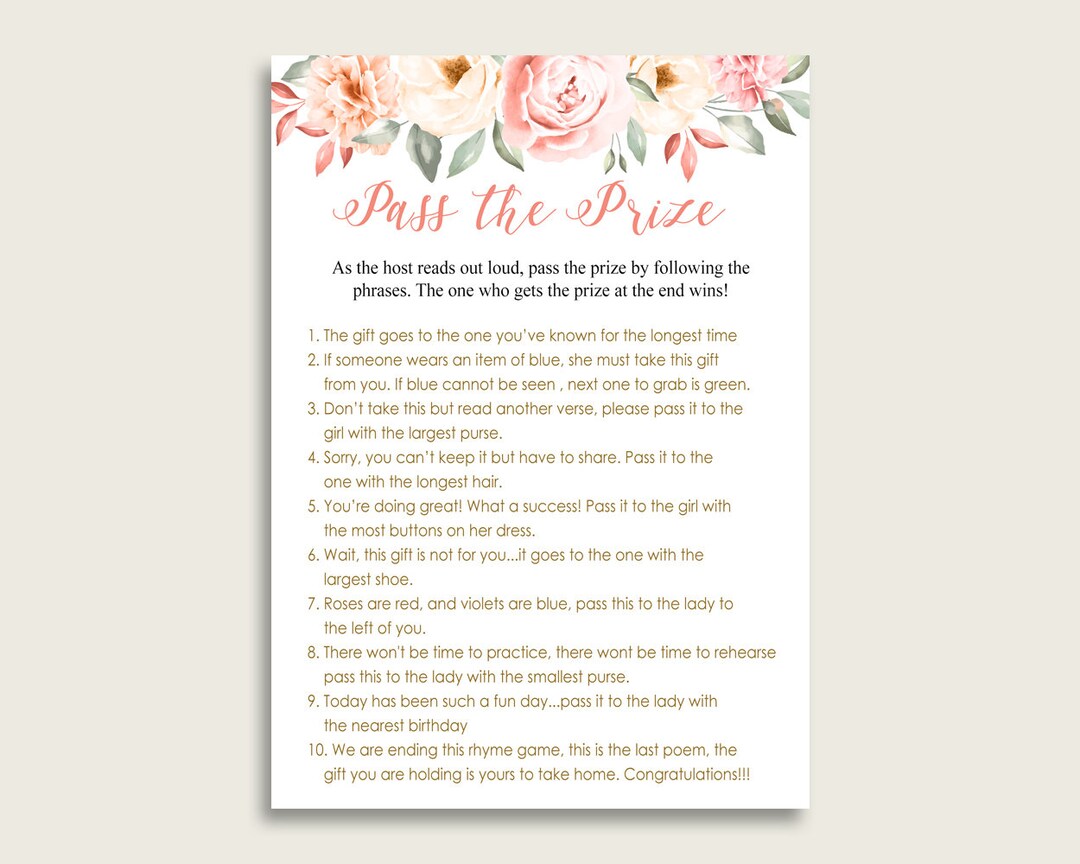 Blush Flowers Bridal Shower Pass the Prize Game, Pink Yellow Pass the ...