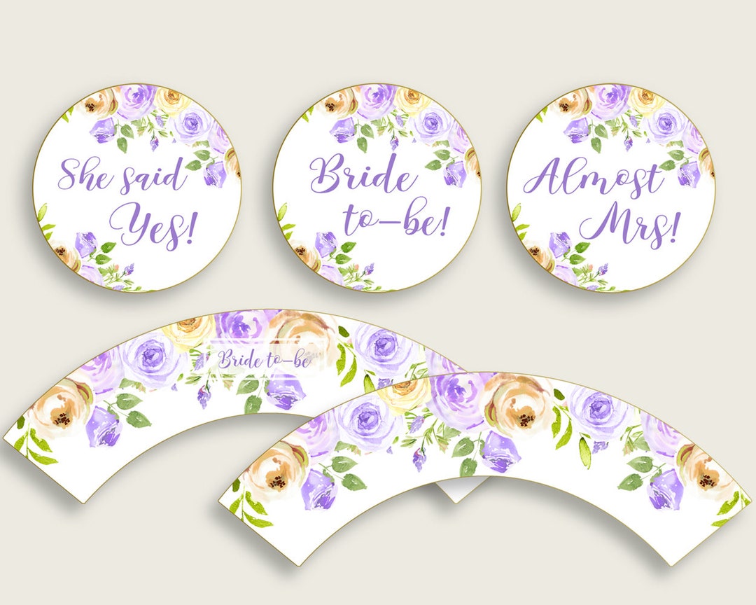 Purple Floral Bridal Shower Cupcake Toppers Printable, Purple Yellow ...