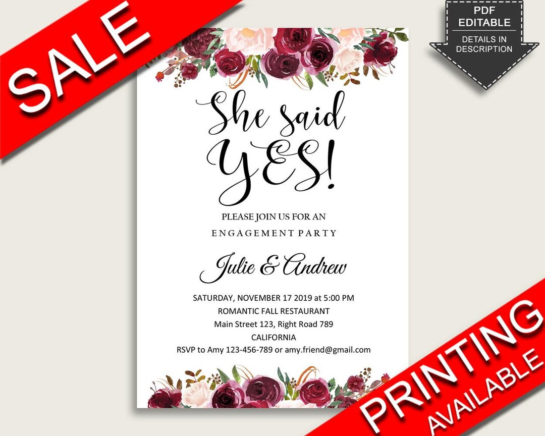 Burgundy She Said Yes Invitation Editable, Red Pink Engagement ...