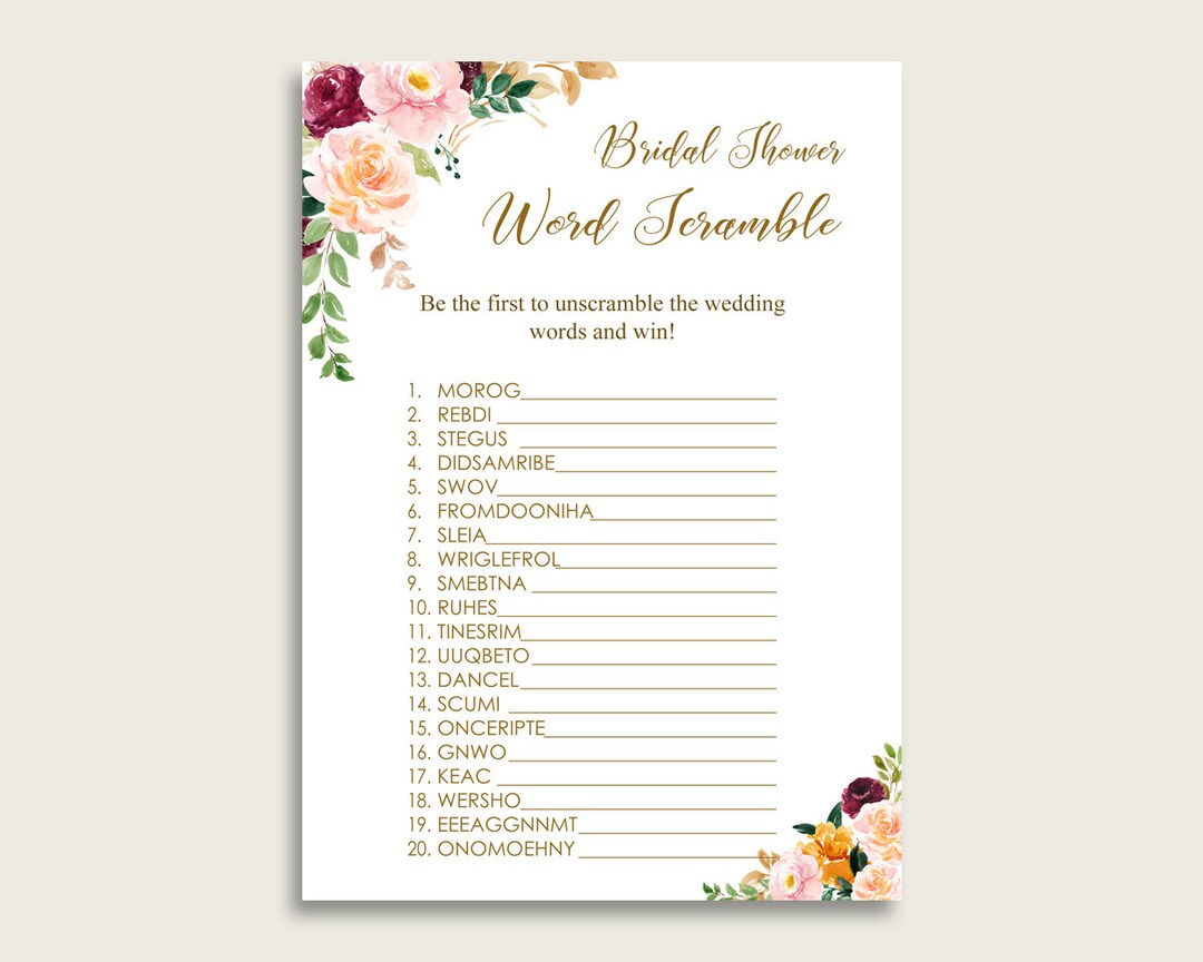 Romantic Floral Bridal Shower Word Scramble Game, Rose Gold Pink Word ...