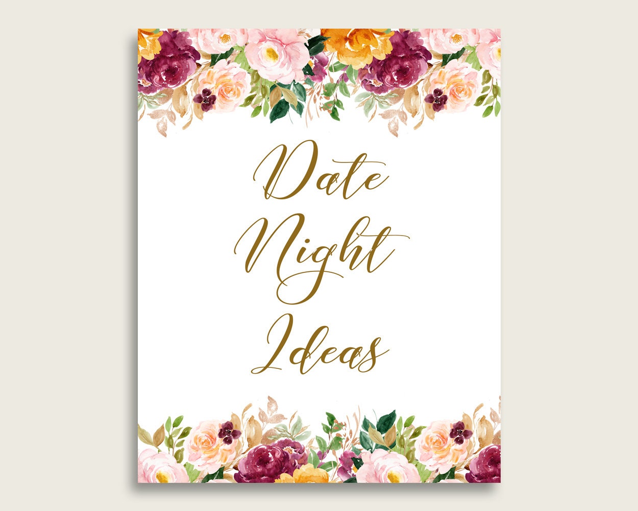 Romantic Floral Date Night Ideas Cards and Sign Printable - Etsy
