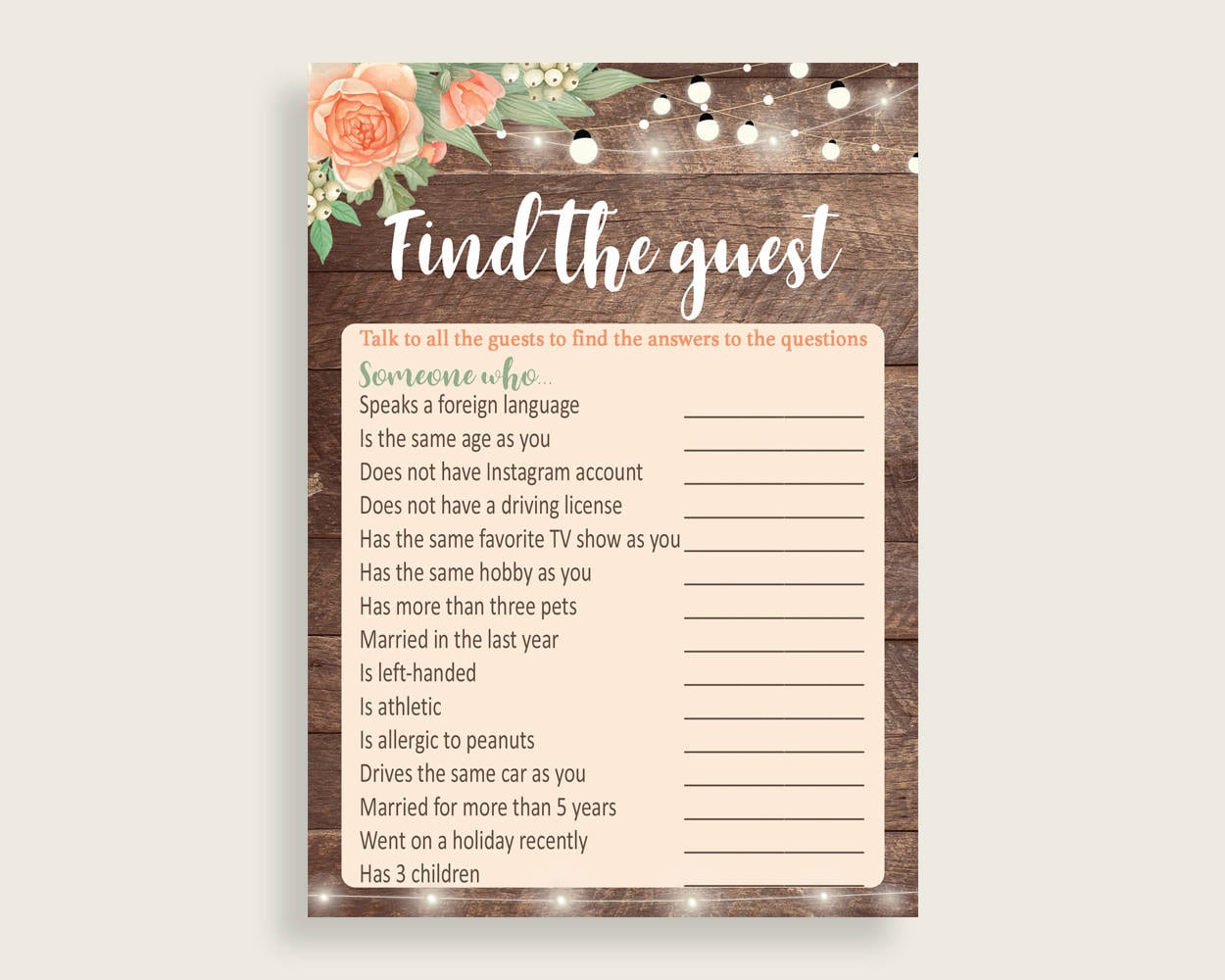 Find the Guest Bridal Shower Find the Guest Rustic Bridal - Etsy