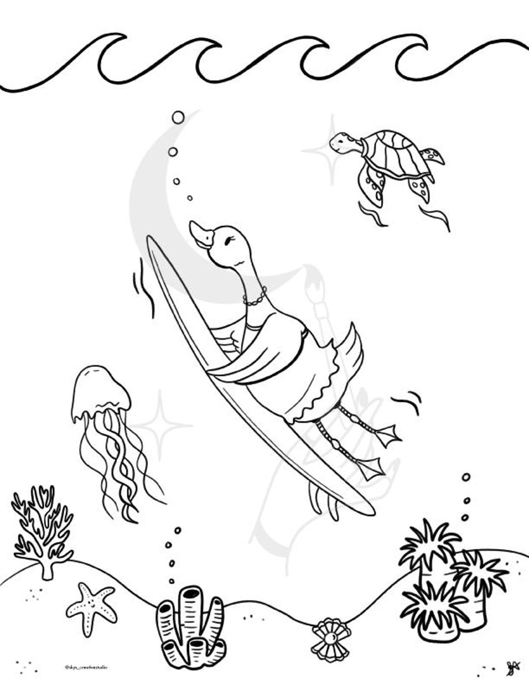 Daphne the Goose Goes Surfing - Kids and Adults Colouring Page - Etsy