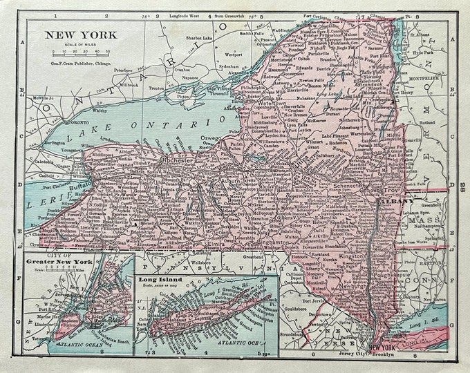 1905 Map of New York State, and Map of Connecticut, Cram’s Handy ...