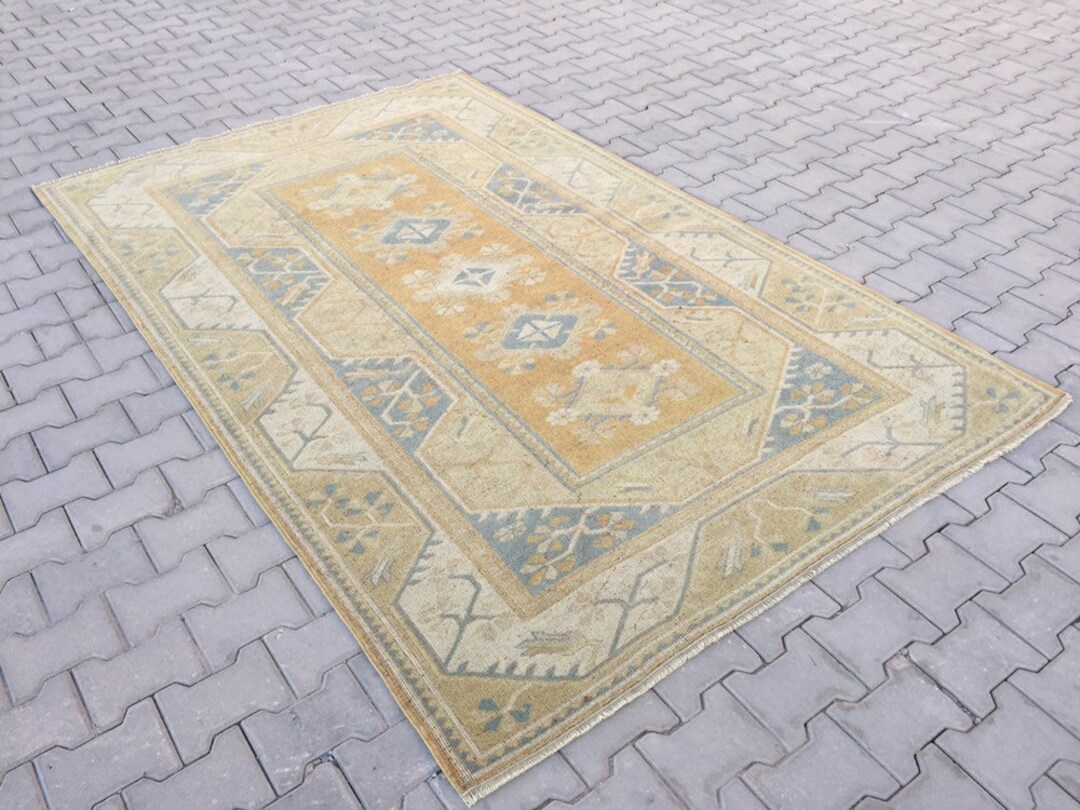 Muted Carpet Rug, Oushak Rug, Muted Orange & Blue Large Rug, Faded ...