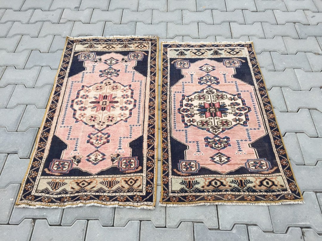 Handwoven Vintage Wool Rug Pair: Small Pink & Blue Accent Rugs - Etsy
