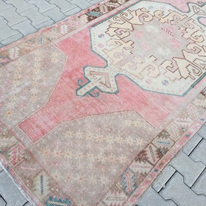 Pink Turkish Rug, Vintage Area Rug, Muted Pink Rug, Oushak Rug, Wool ...