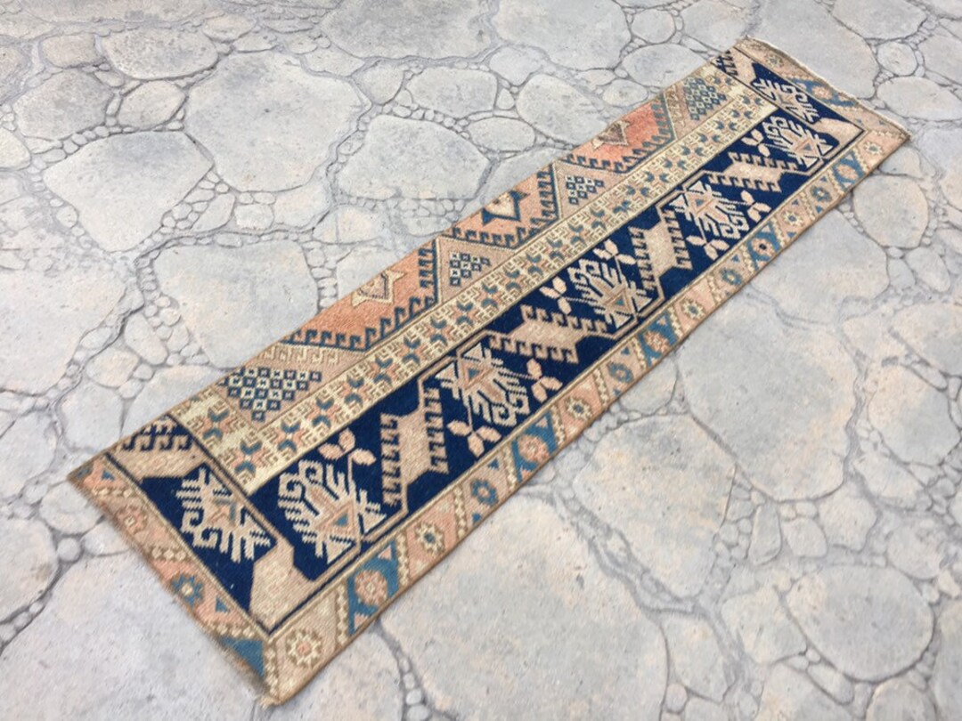 Long Narrow Rug Runner With Navy Blue Beige Color Natural Wool Runner ...