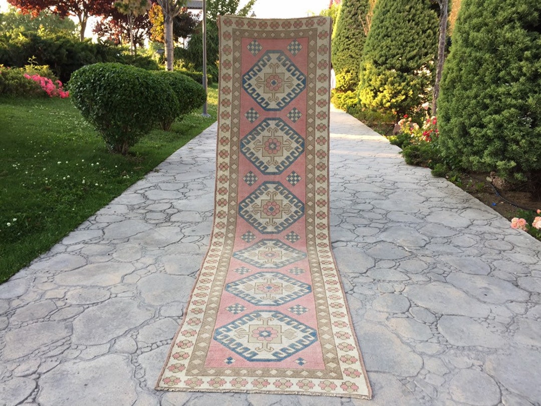 Handwoven Vintage Wool Rug Runner: Muted Pink Turkish Carpet (2’9” X 11 ...