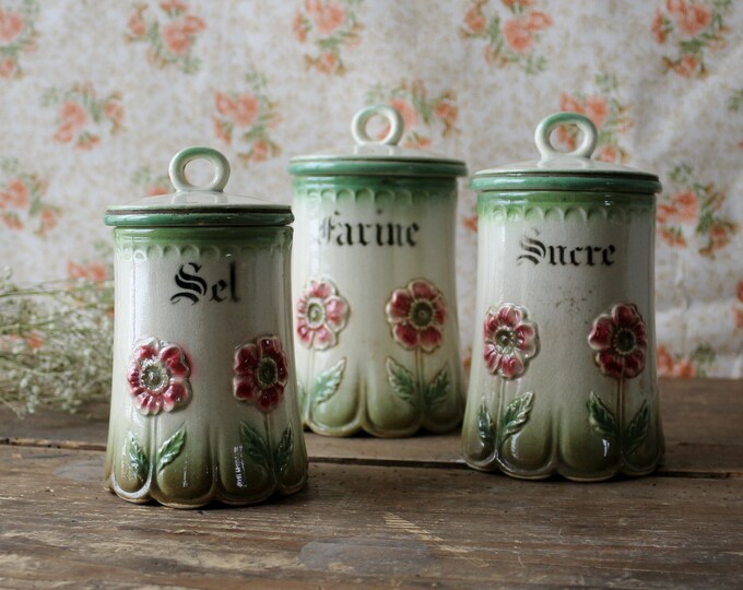 Set of 3 French Antique Majolica Beige Kitchen Canister Set, Storage ...