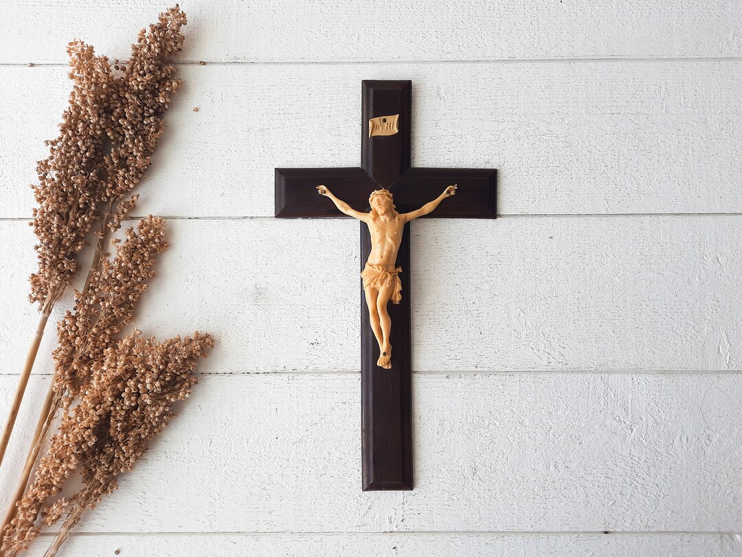 Large Wooden Crucifix Wall Catholic With Bakelite Corpus French Antique ...