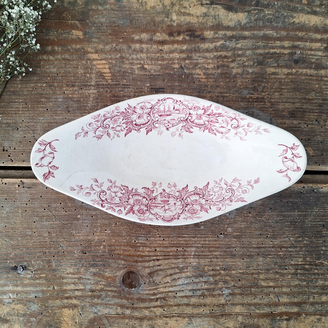 French Antique Red Transferware Serving Bowl Badonviller Marine Diamond ...