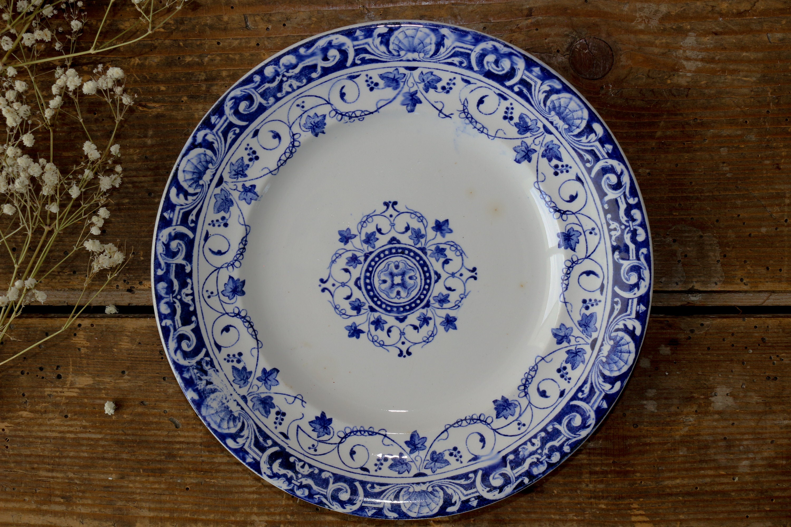 Antique Longwy Terre De Fer Plates Set of 3, Blue Transferware Louis XV ...