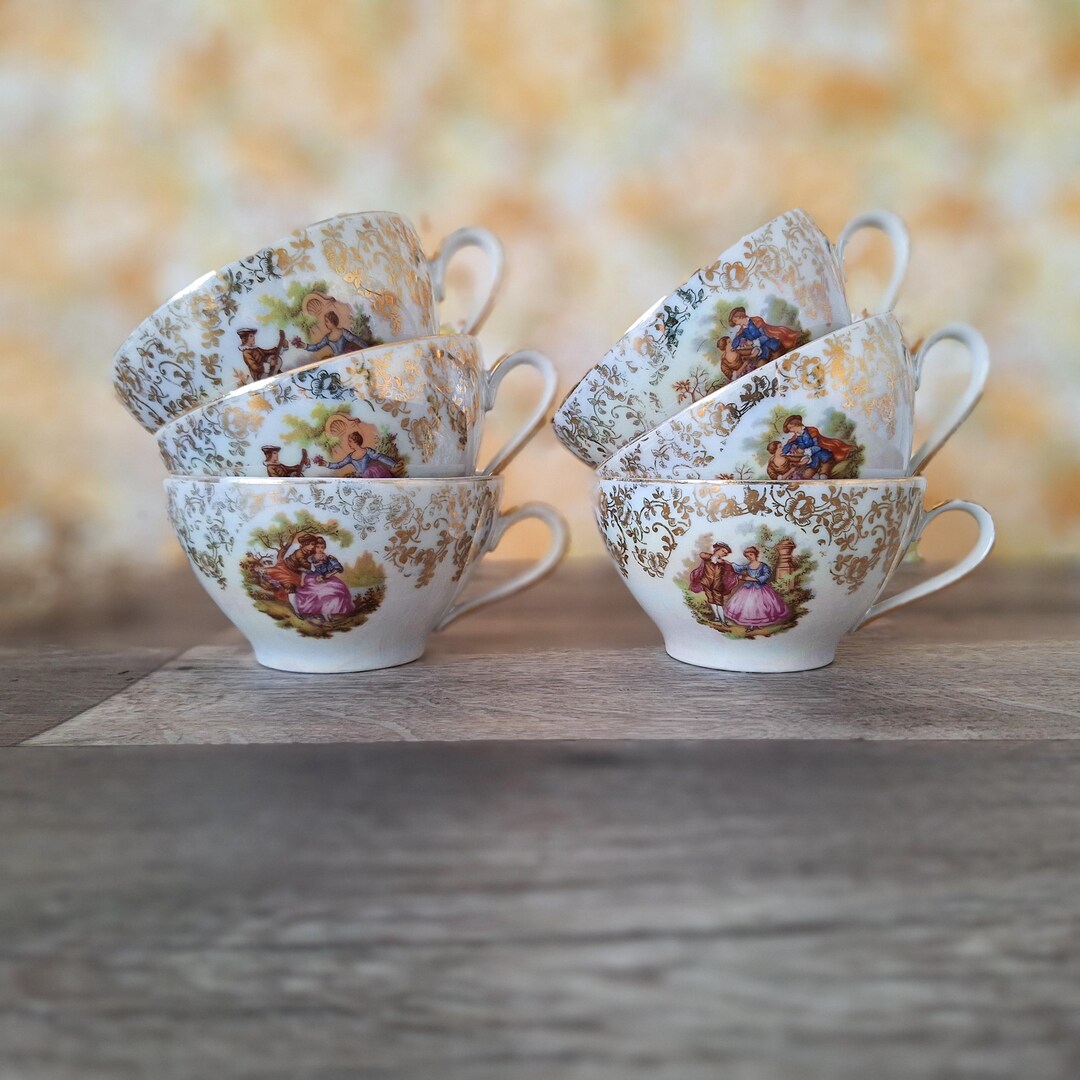 Set of 6 Large Tea Cups Lucien Engel Strasbourg Fragonard Style Limoges China Teacup With Couple ...