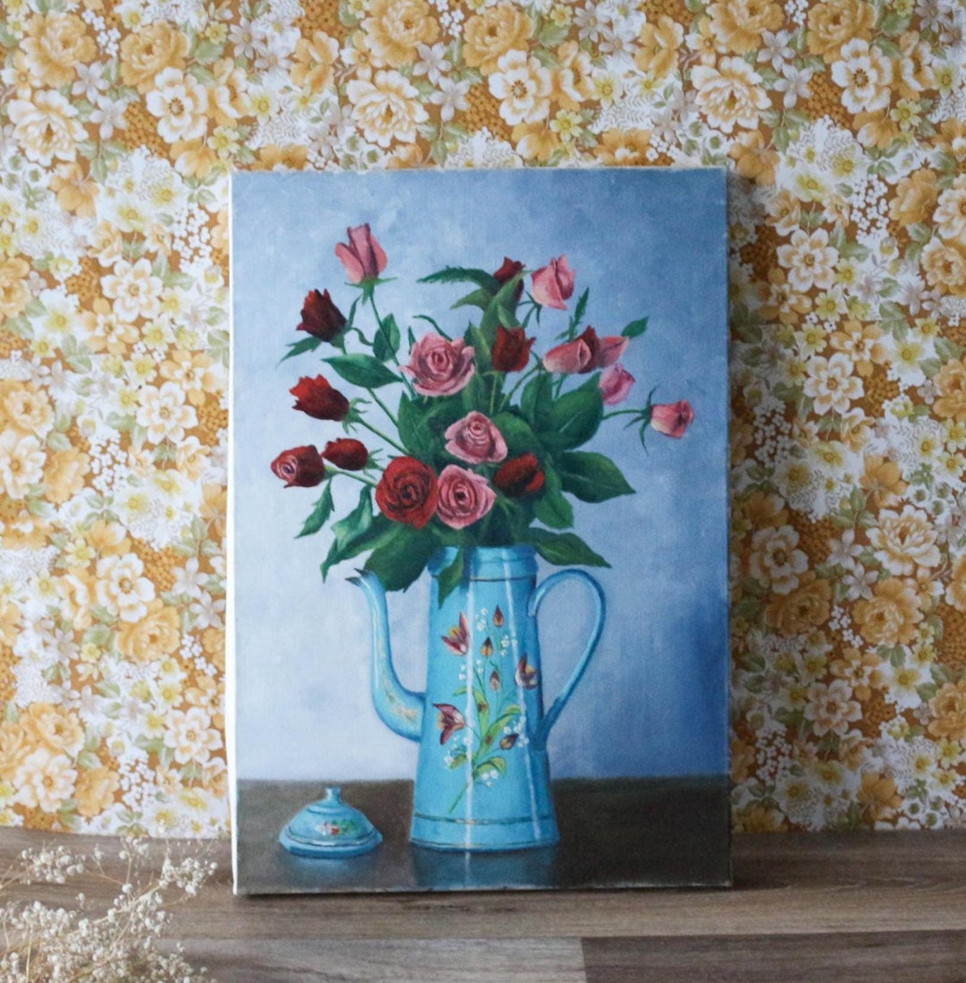 Vintage French Oil Painting of Red and Pink Roses in Blue Enamel Coffee ...