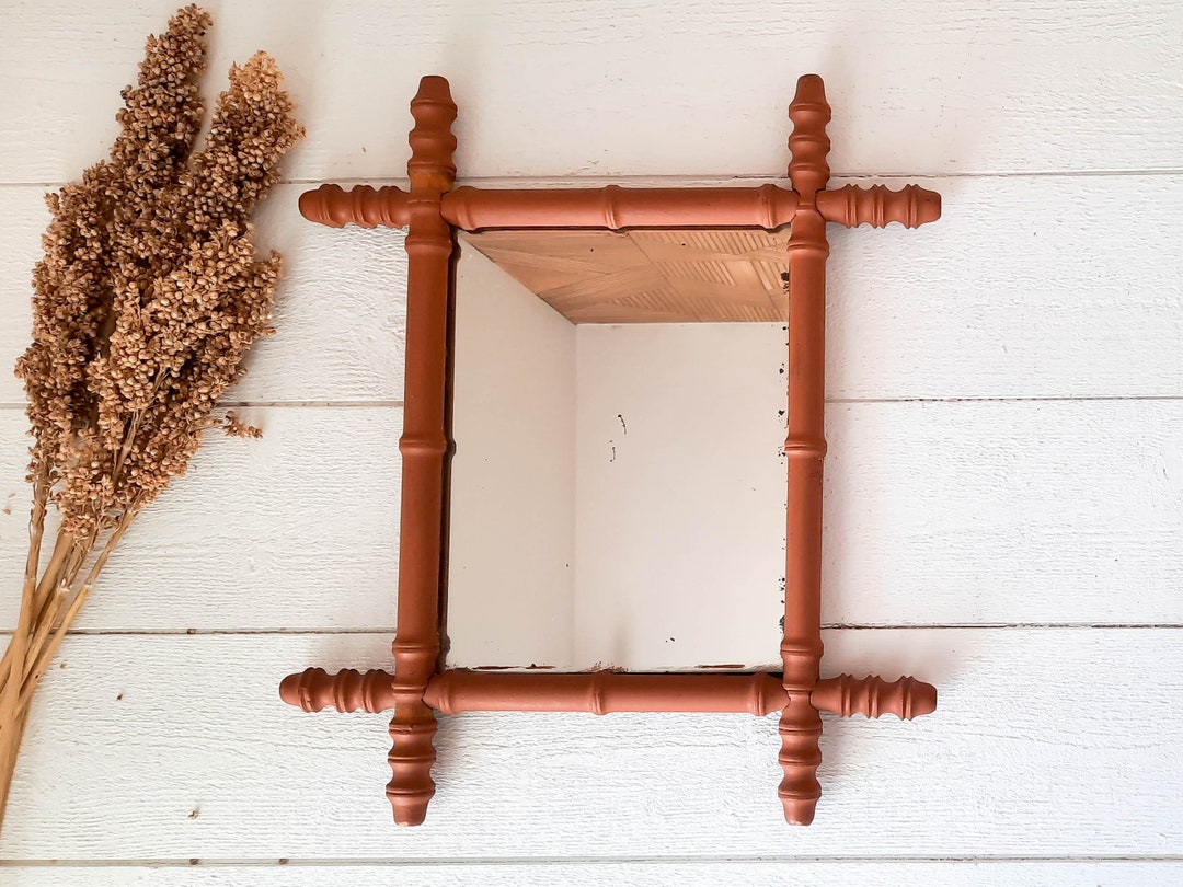 French Antique Faux Bamboo Mirror Brown Terracotta Paint 1930s, Wooden ...