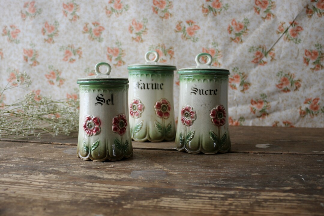 Set of 3 French Antique Majolica Beige Kitchen Canister Set, Storage ...