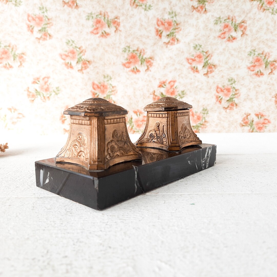 Old Office Double Inkwell in Art Deco Style Gilted Cast Metal With ...